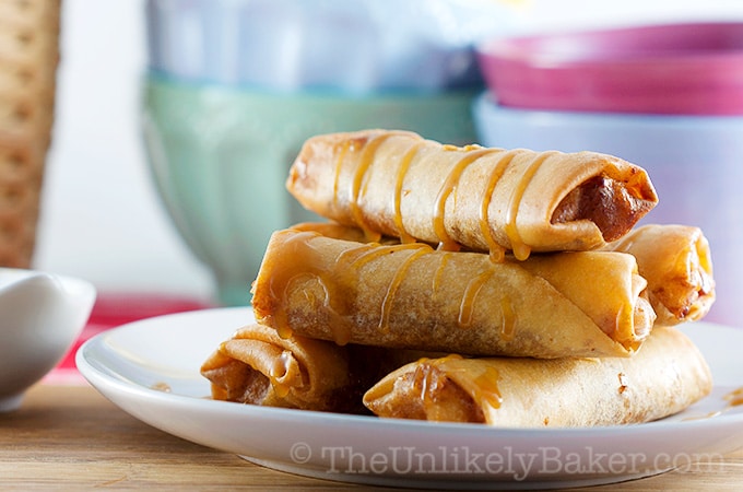 Filipino Turon (Banana Lumpia) with Salted Caramel Sauce - The Unlikely ...