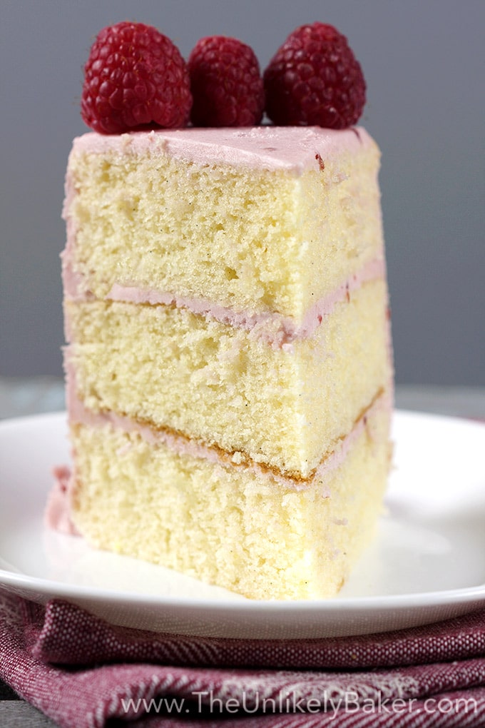Vanilla Cake with Raspberry Frosting - The Unlikely Baker